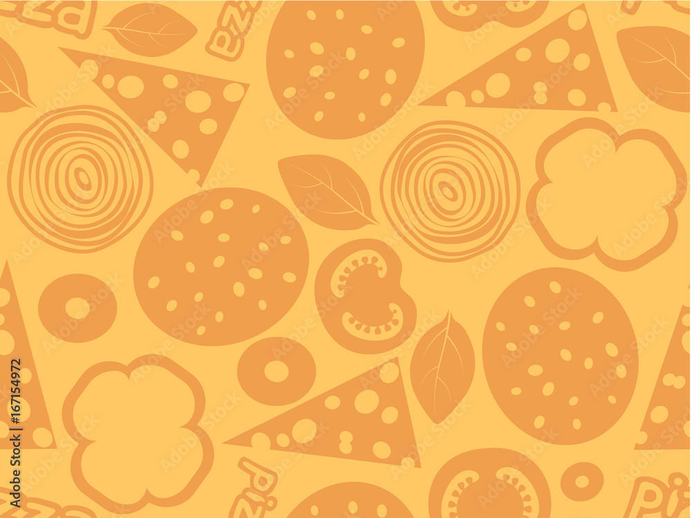 Pizza ingredients simple seamless pattern. Orange color background with ...