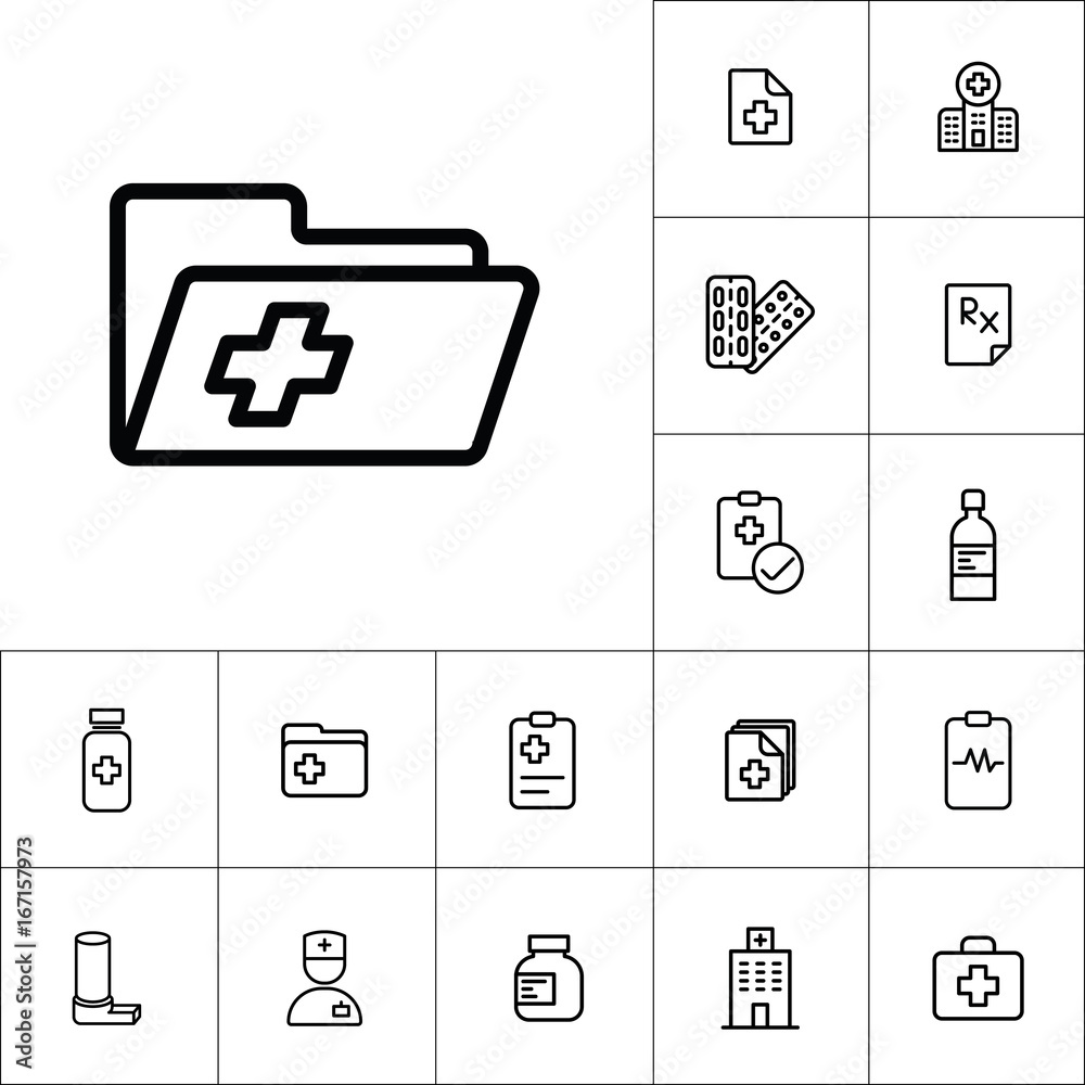 medical patient history record folder icon, medicines set on white ...