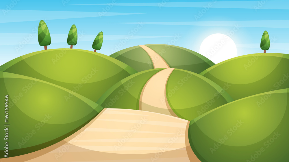 Cartoon landscape illustration. Sun. cloud, mountain hill Vector eps 10 ...