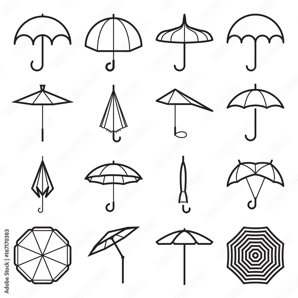 Umbrella icons. Collection of line symbols isolated on a white ...