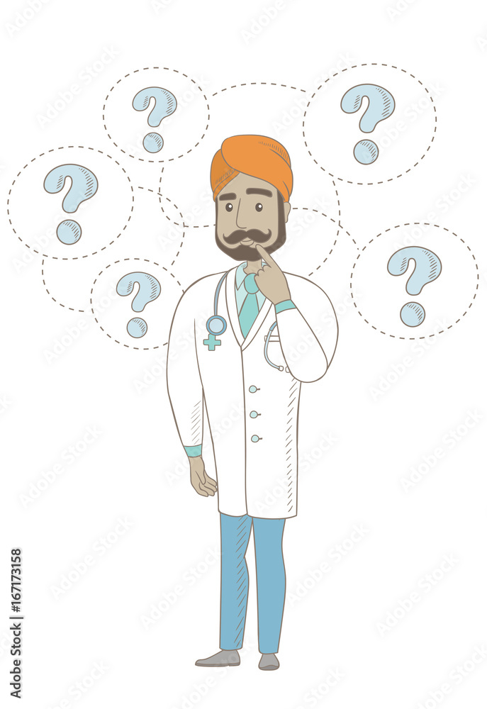 Young indian doctor looking at question marks above head. Full length ...