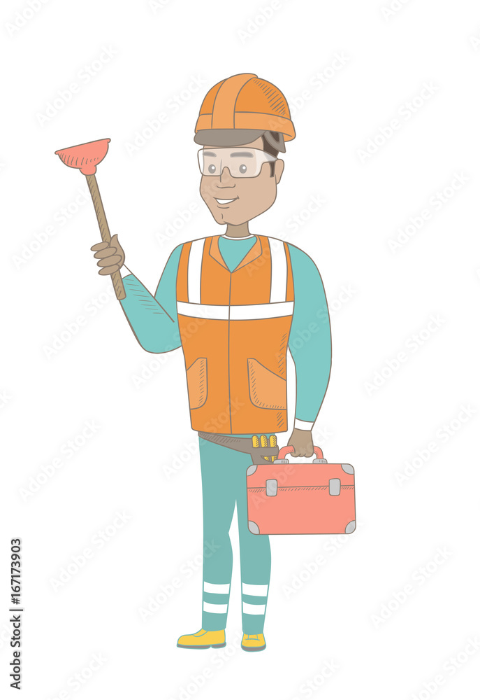 Hispanic plumber with toilet plunger and tool box. Full length of young ...