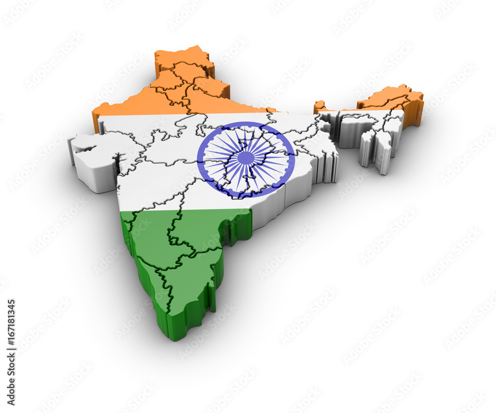Map of India with flag and shadow on white background. 3D rendering ...