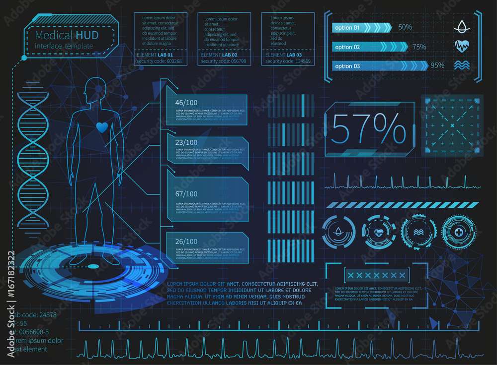 Hud element ui medical examination. Display a set of virtual interface ...
