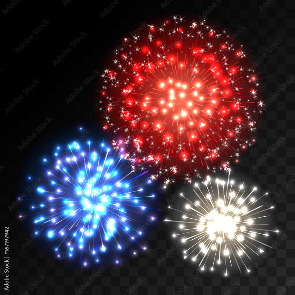 Colorful fireworks explosion on transparent background. Blue, white and ...