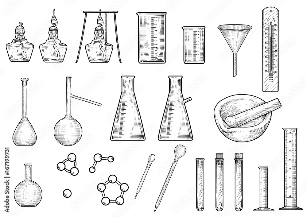Chemistry or physics equipments collection illustration, drawing ...