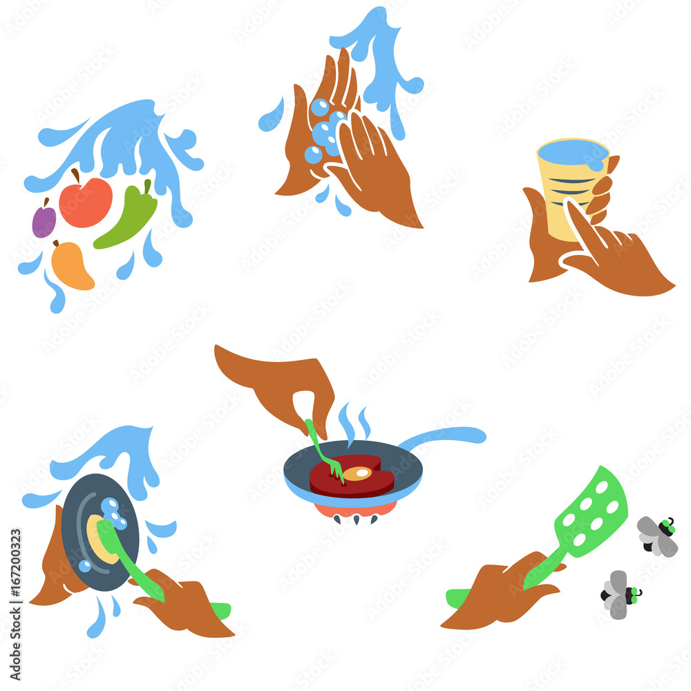 Principles of food hygiene set one / Solid fill icon set about food ...