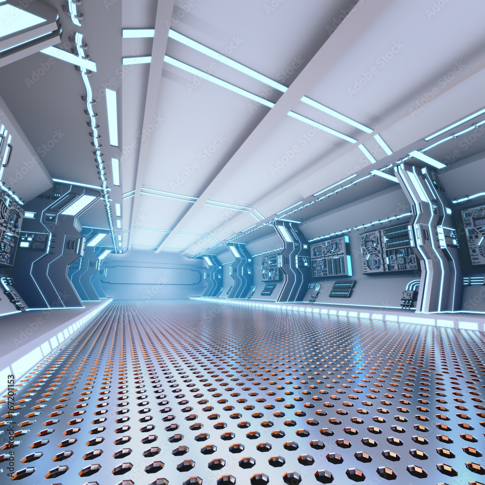 futuristic design spaceship interior with metal floor and light panels ...