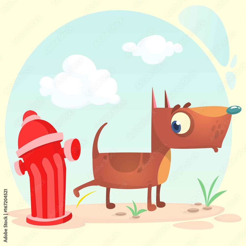 Cartoon funny brown pitbull dog pees on hydrant. Vector illustration ...