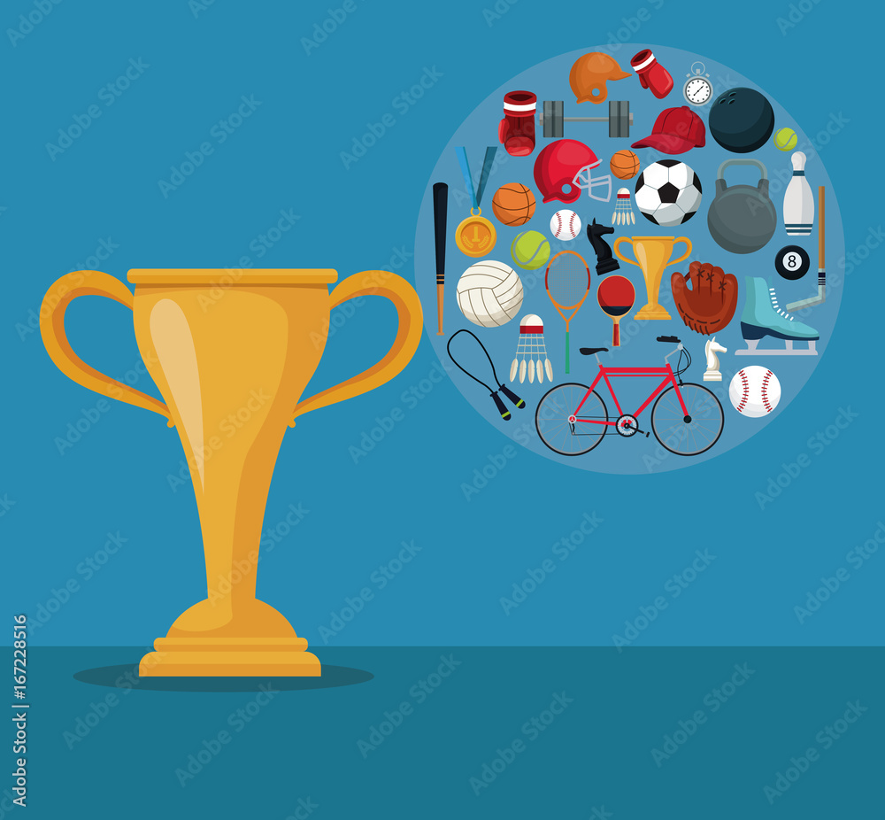 color background with golden cup trophy and icons of elements sports in ...