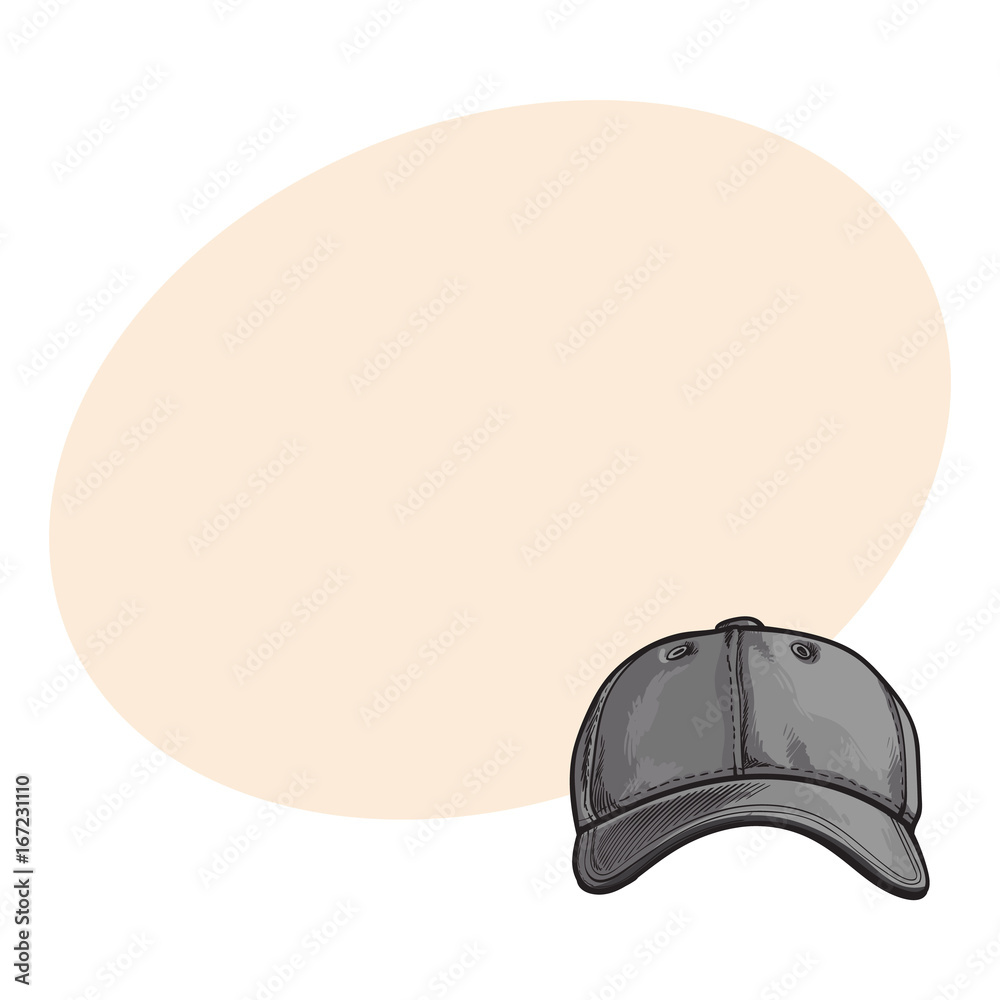 Clean, unlabelled grey colored textile baseball cap, sketch style ...