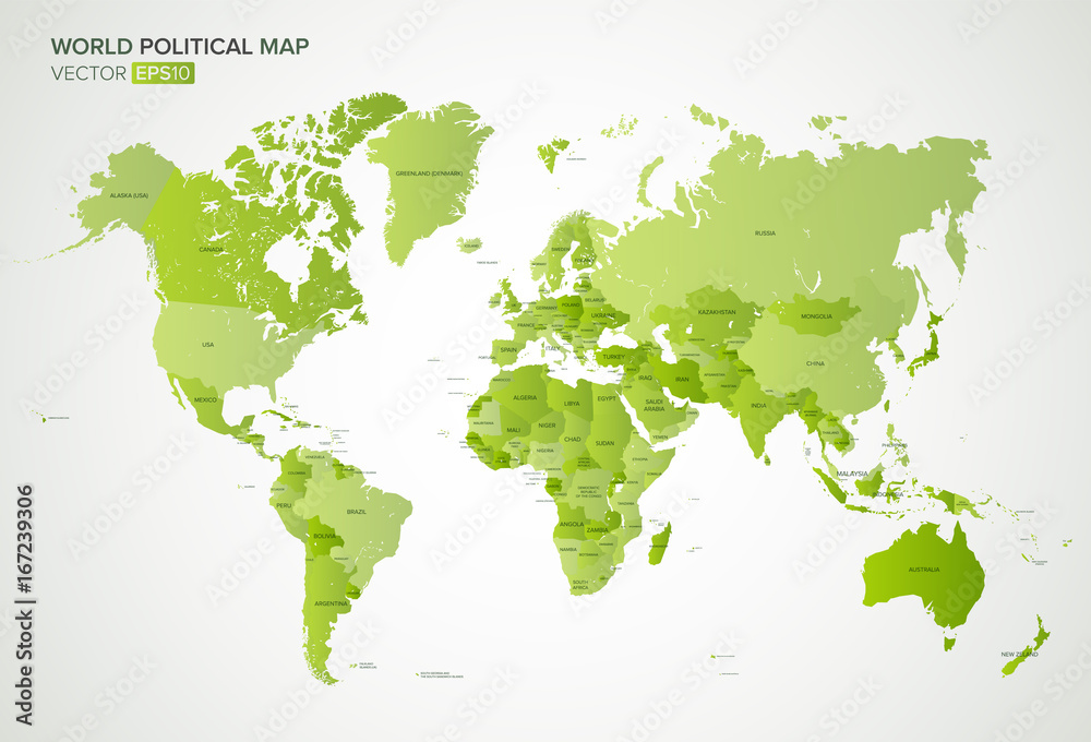 Vector political map with the names of all countries in green gradient ...