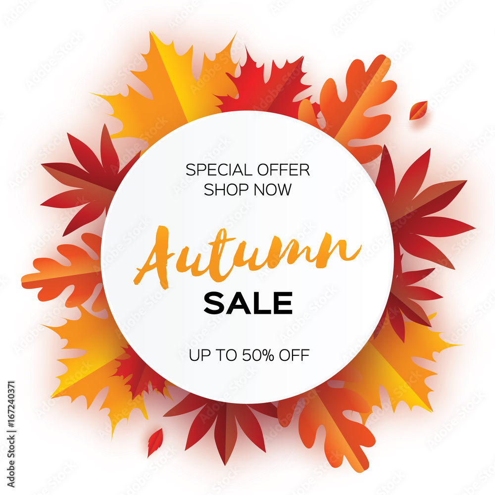 Beautiful Autumn paper cut leaves. Sale. September flyer template ...