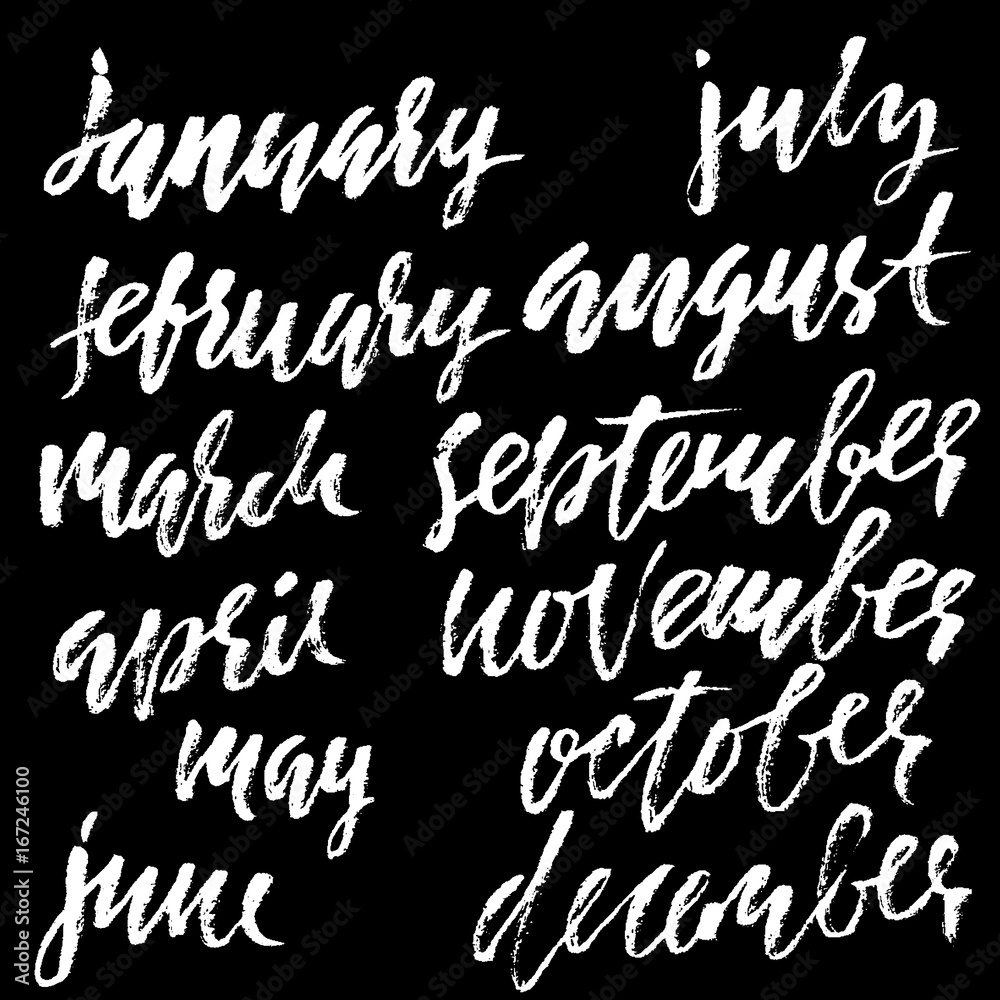 Hand drawn set of months. Modern dry brush lettering. Names of the ...