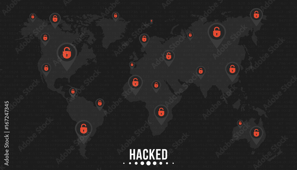 The marks with cracked red locks on the world map of the planet earth ...