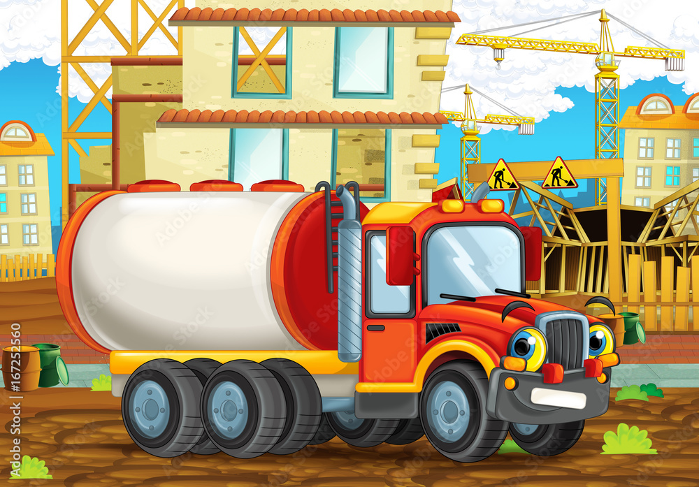 cartoon scene of a construction site with heavy truck - illustration ...