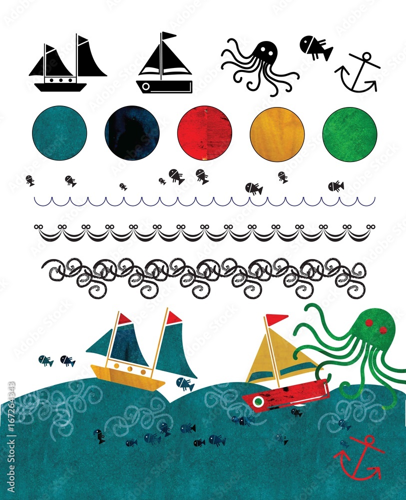 Nautical Ocean Sea Boat Vector with brushes and texture swatches Stock ...