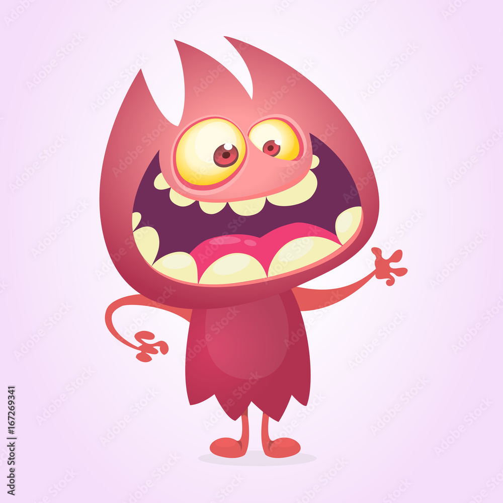 Vector cartoon image of funny red devil monster with standing and ...