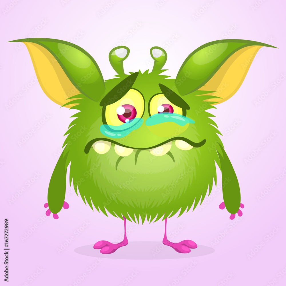 Cartoon green monster crying. Vector illustration of furry round ...