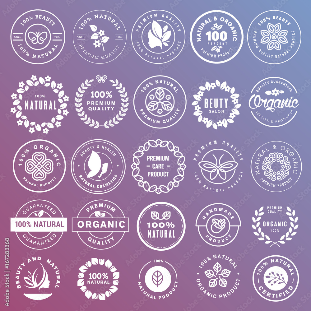Collection of stickers and badges for natural cosmetics and beauty ...