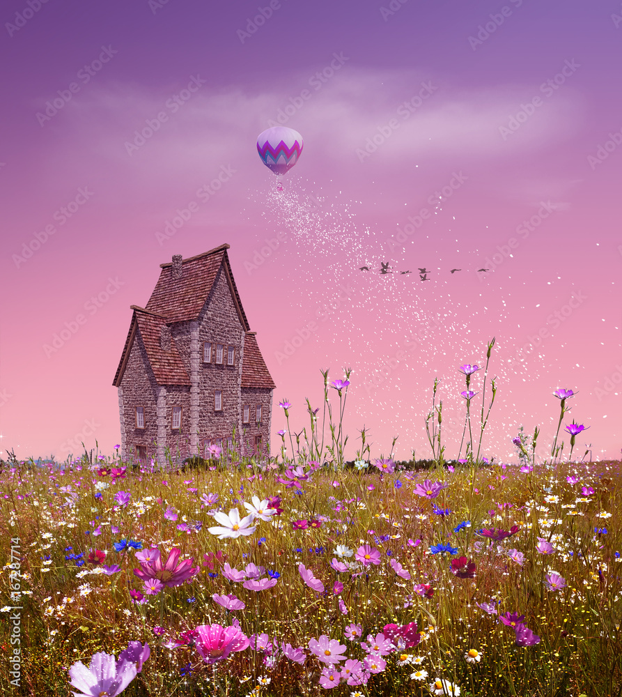Fantasy field with flowers, a small house, balloon and pink sky. 3D ...