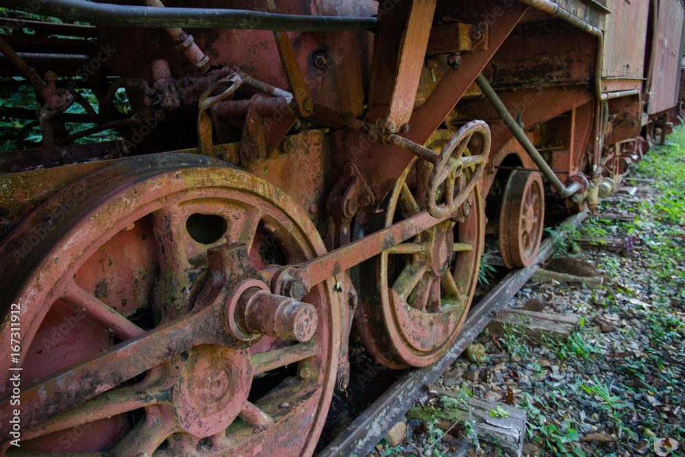 Close-up wheel of abandon rustic train in jungle. Retro technology ...