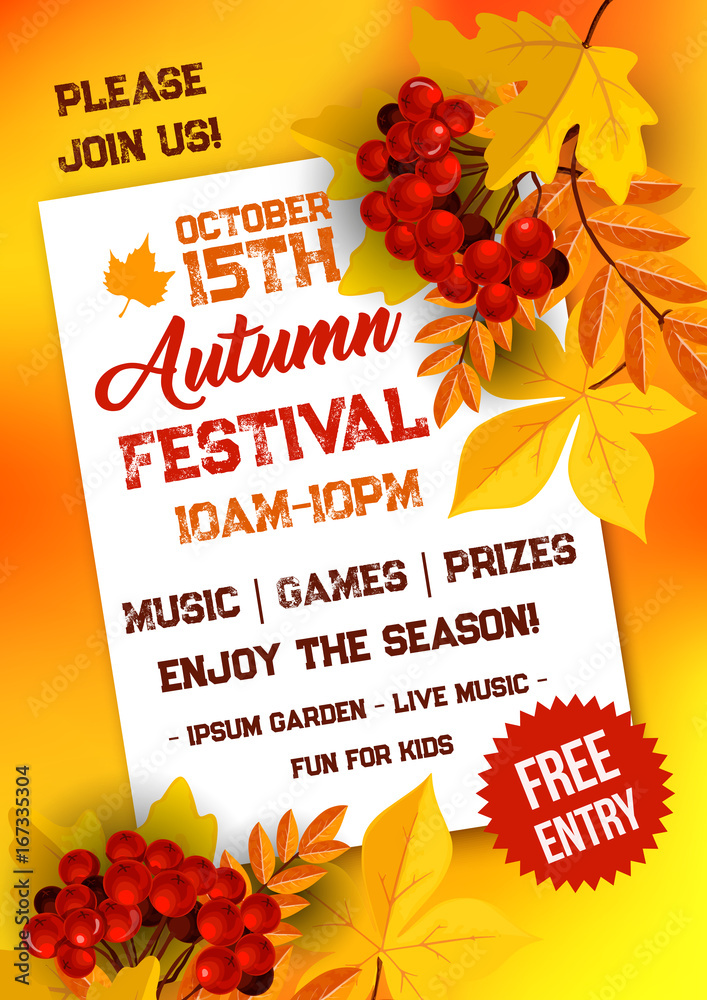 Autumn festival poster template with yellow leaves Stock Vector | Adobe ...