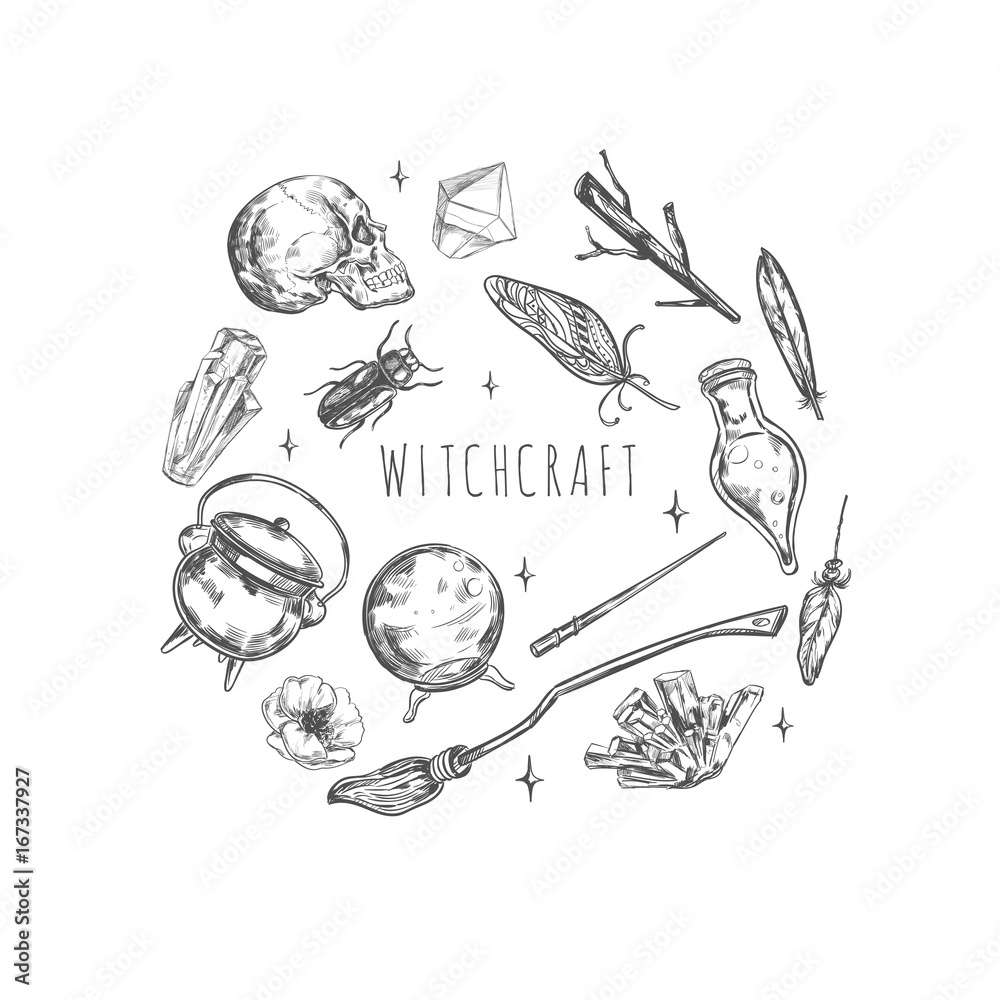 Hand drawn Magic set. Illustration wizardry, witchcraft symbols ...