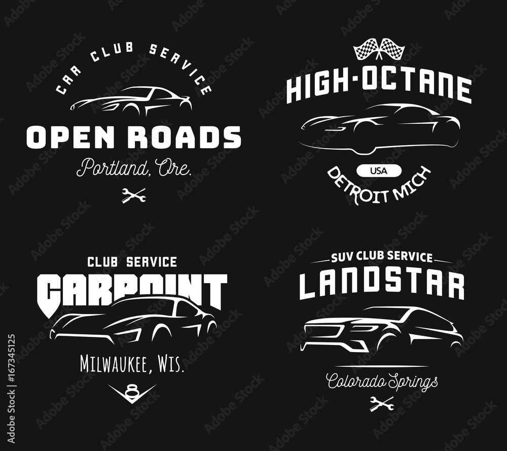 Set of modern sports car and SUV logo, emblems and badges on black ...