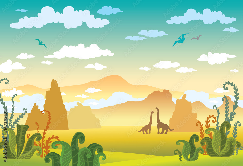 Prehistoric landscape- dinosaurs, mountains, plant. Stock Vector ...