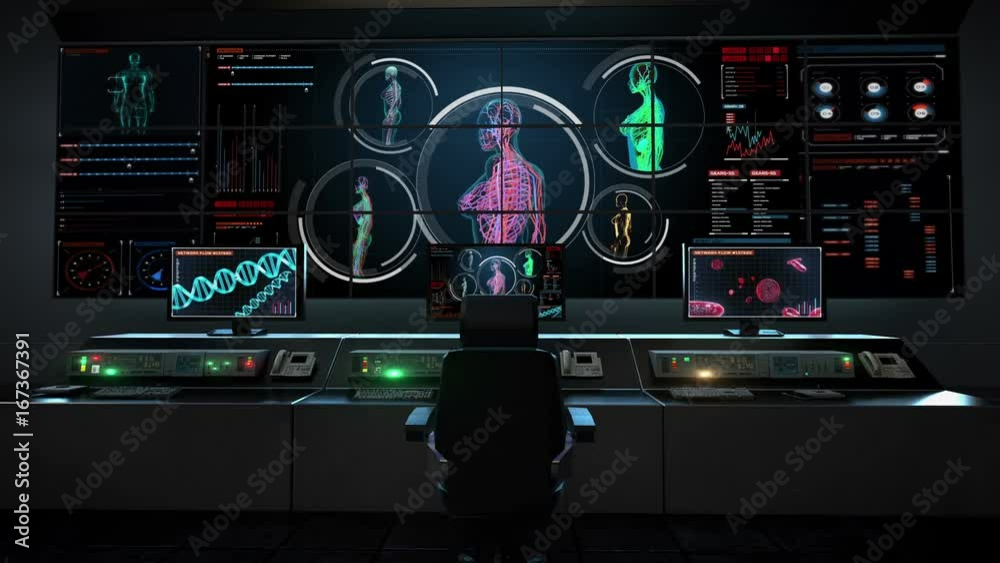 Human medical care center, main control room, Female body scanning ...