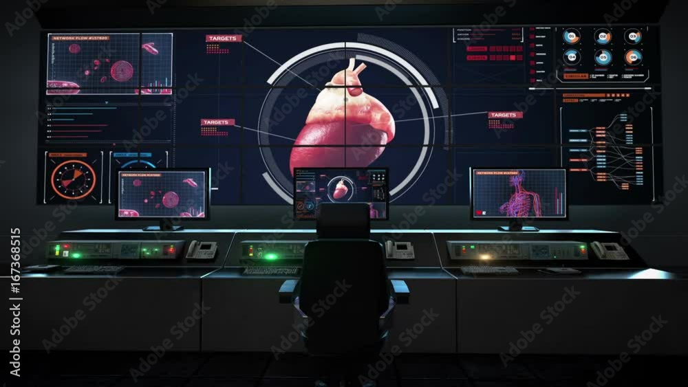 Human medical care center, main control room, Scanning heart. Human ...