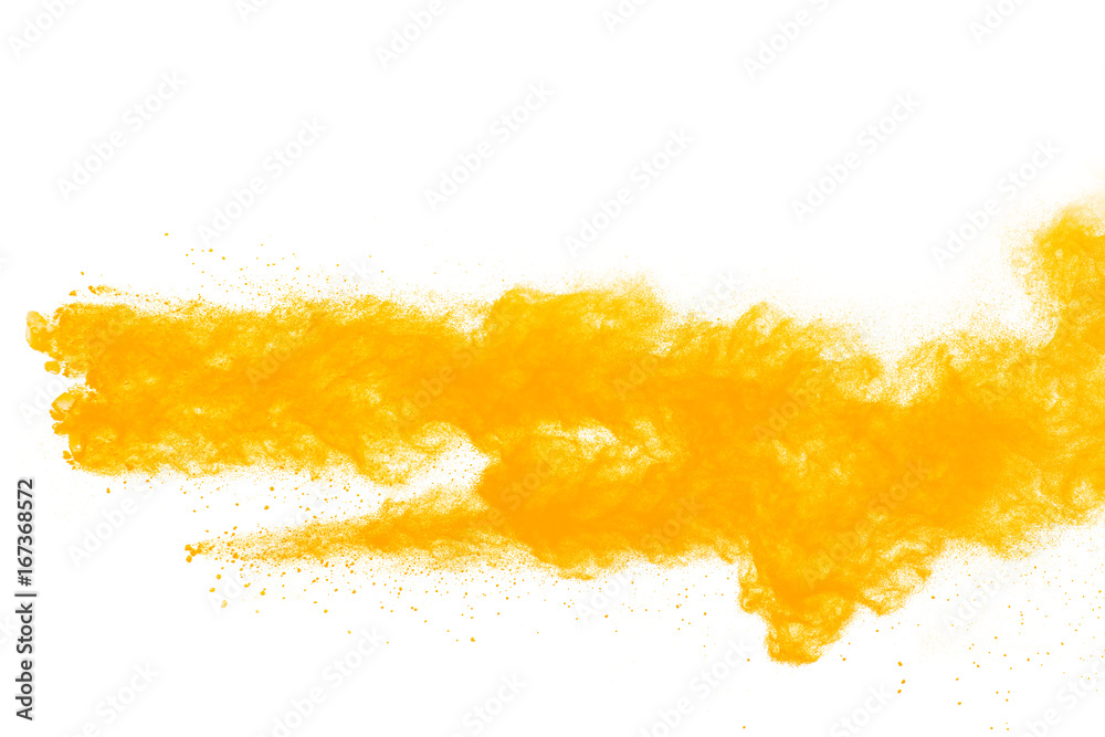 abstract yellow powder splatted on white background,Freeze motion of ...