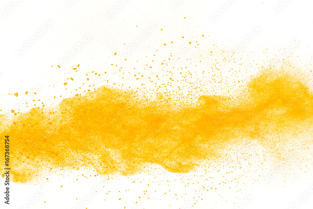 abstract yellow powder splatted on white background,Freeze motion of ...