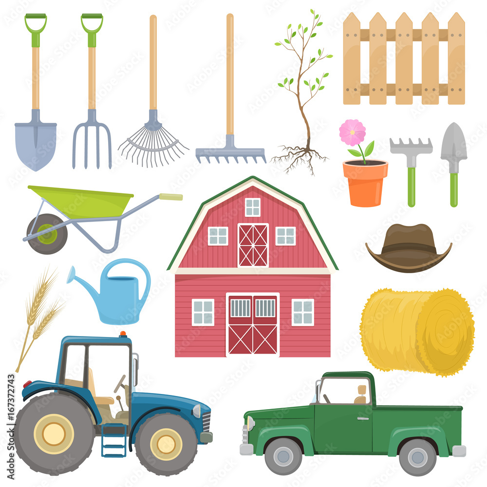 Set of colorful farming equipment icons. Farming tools and agricultural ...