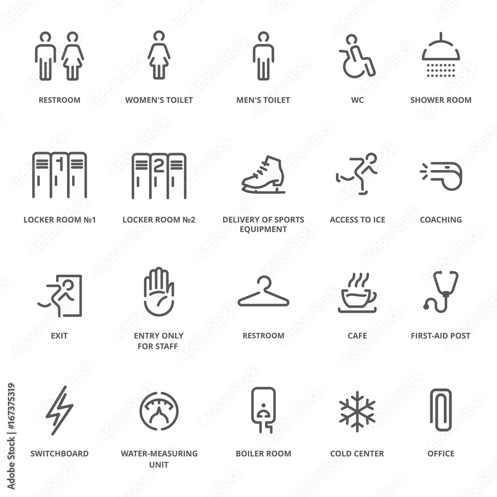 Spot icons of Ice Arena. Navigation room sign. Vector plain simple line ...
