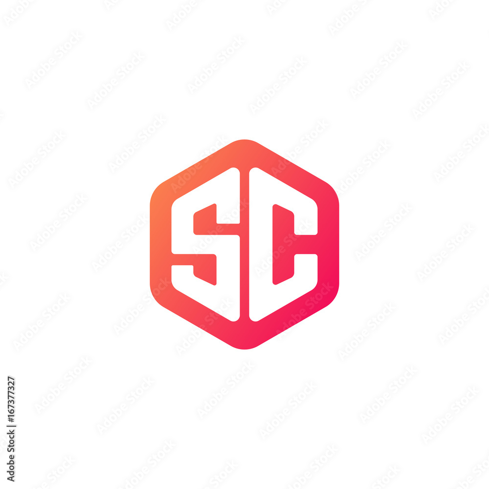 Initial letter sc, rounded hexagon logo, gradient red orange colors ...