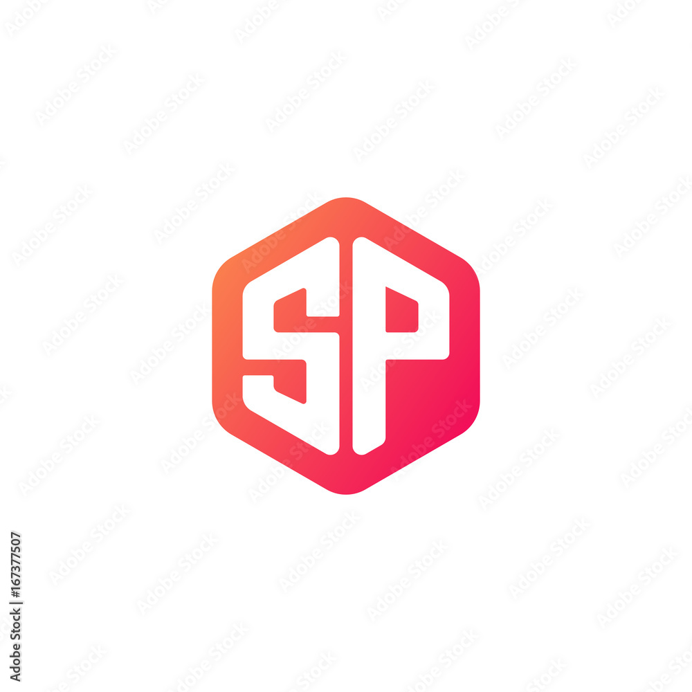 Initial letter sp, rounded hexagon logo, gradient red orange colors ...