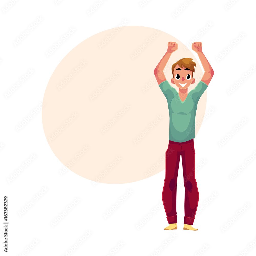 Young man, boy, guy, rejoicing, cheering, jumping in happiness and ...
