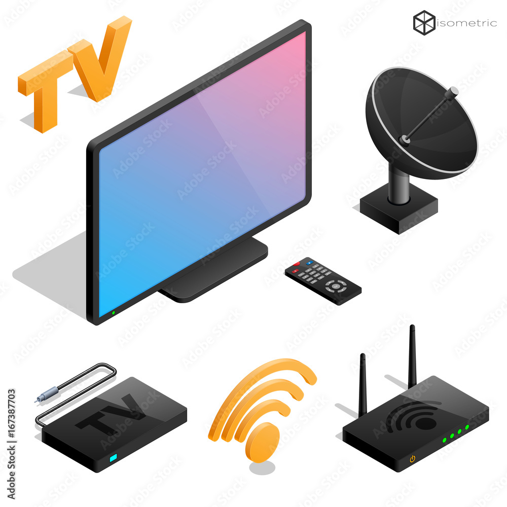Realistic icons in isometric television, set of isometric icons in TV ...