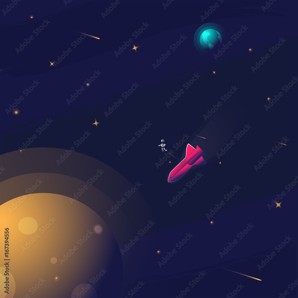 Space realistic vector background with astronaut, rocket, spaceship ...