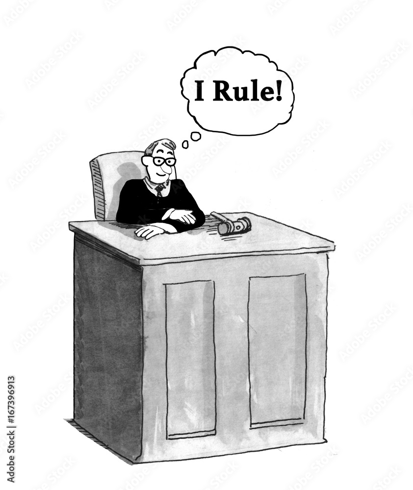 Legal cartoon showing a judge in the courtroom thinking 'I rule'. Stock ...