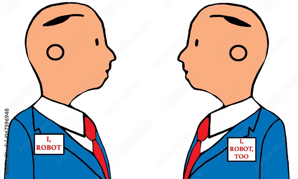 Business cartoon illustration showing two robots looking at each other ...