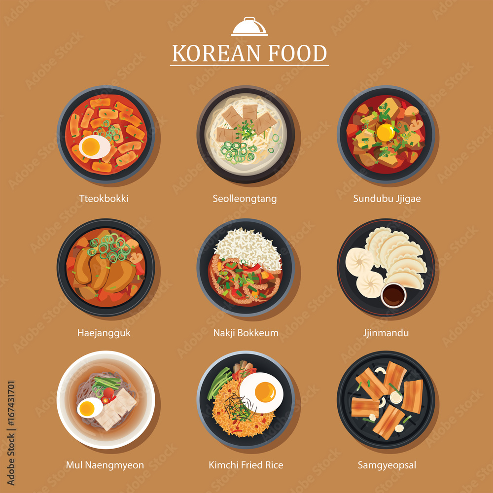 Set of korean food flat design. Asia street food illustration ...