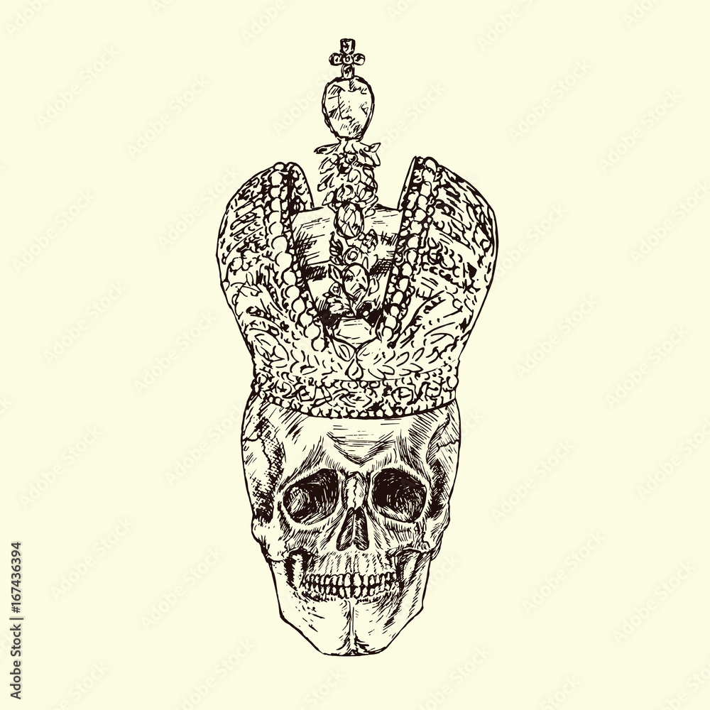 Skull in eperor`s crown (Russian monarchy), hand drawn doodle, sketch ...