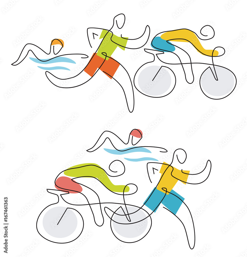 Triathlon race line art. Two illustration of triathlon athletes, line ...