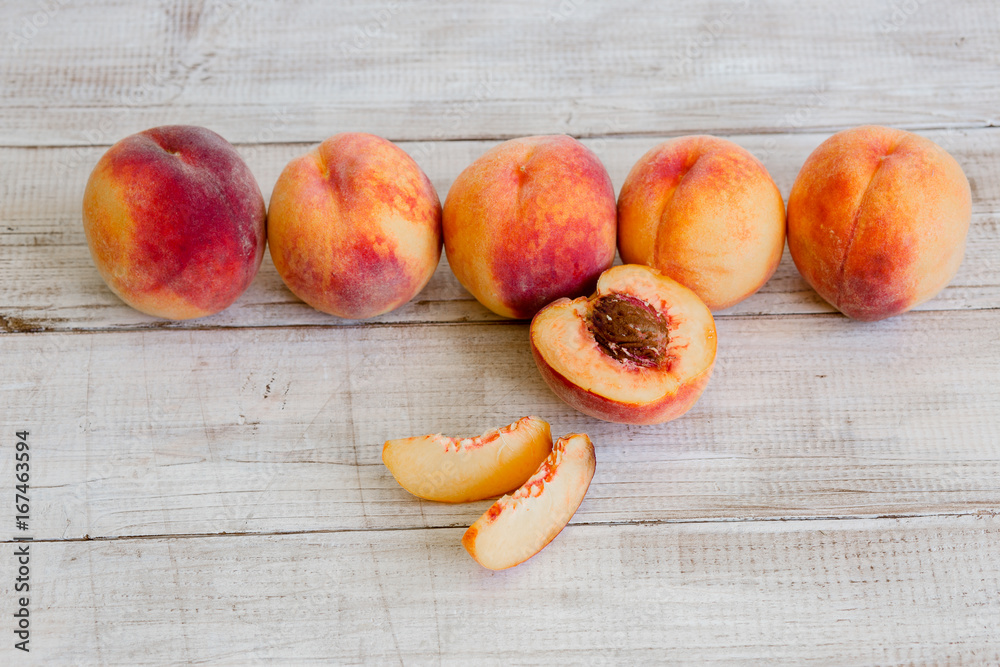 Fresh peaches, Peach close up fruit background, peach on wood ...