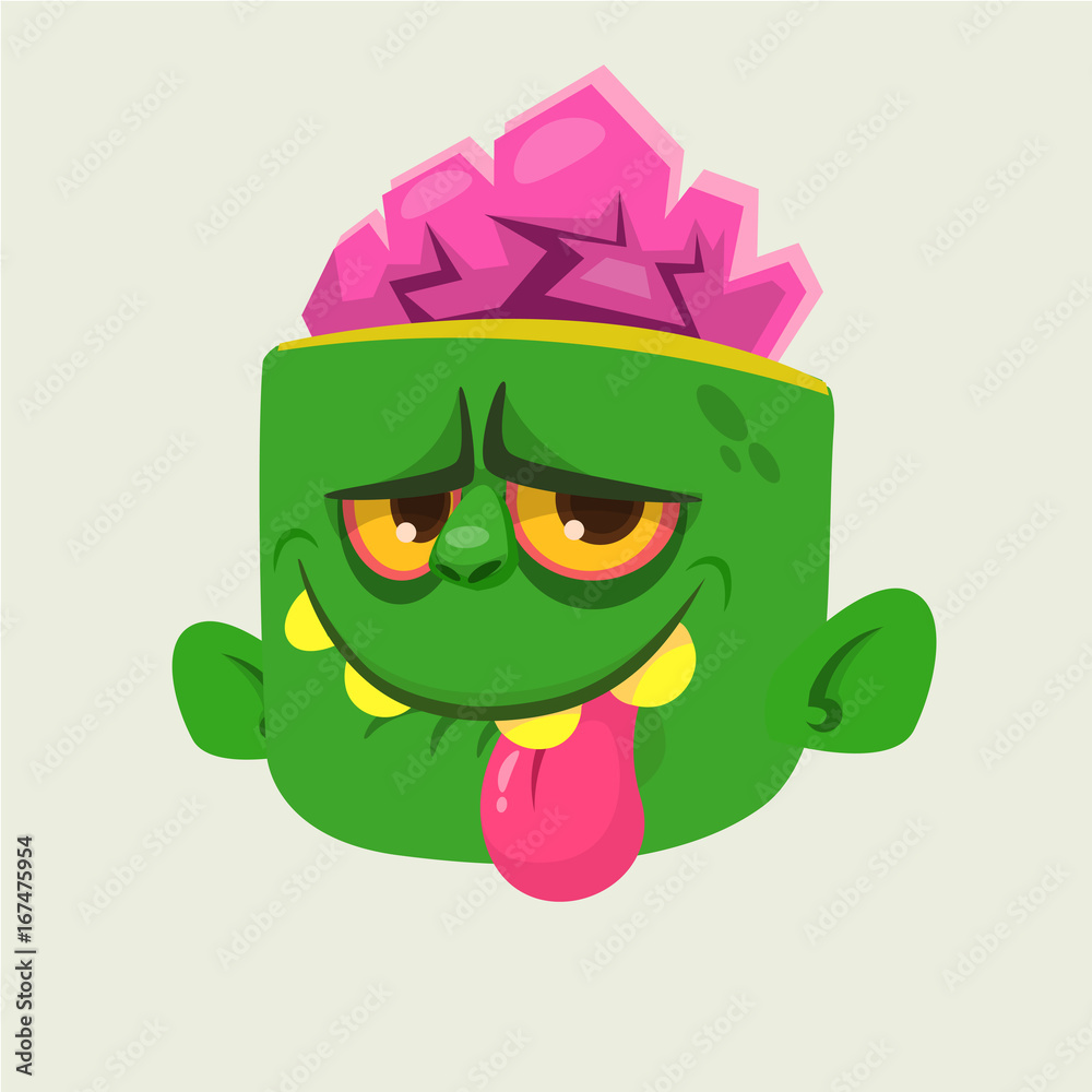 Cartoon Cute Happy Zombie Head showing tongue and smiling. Vector ...