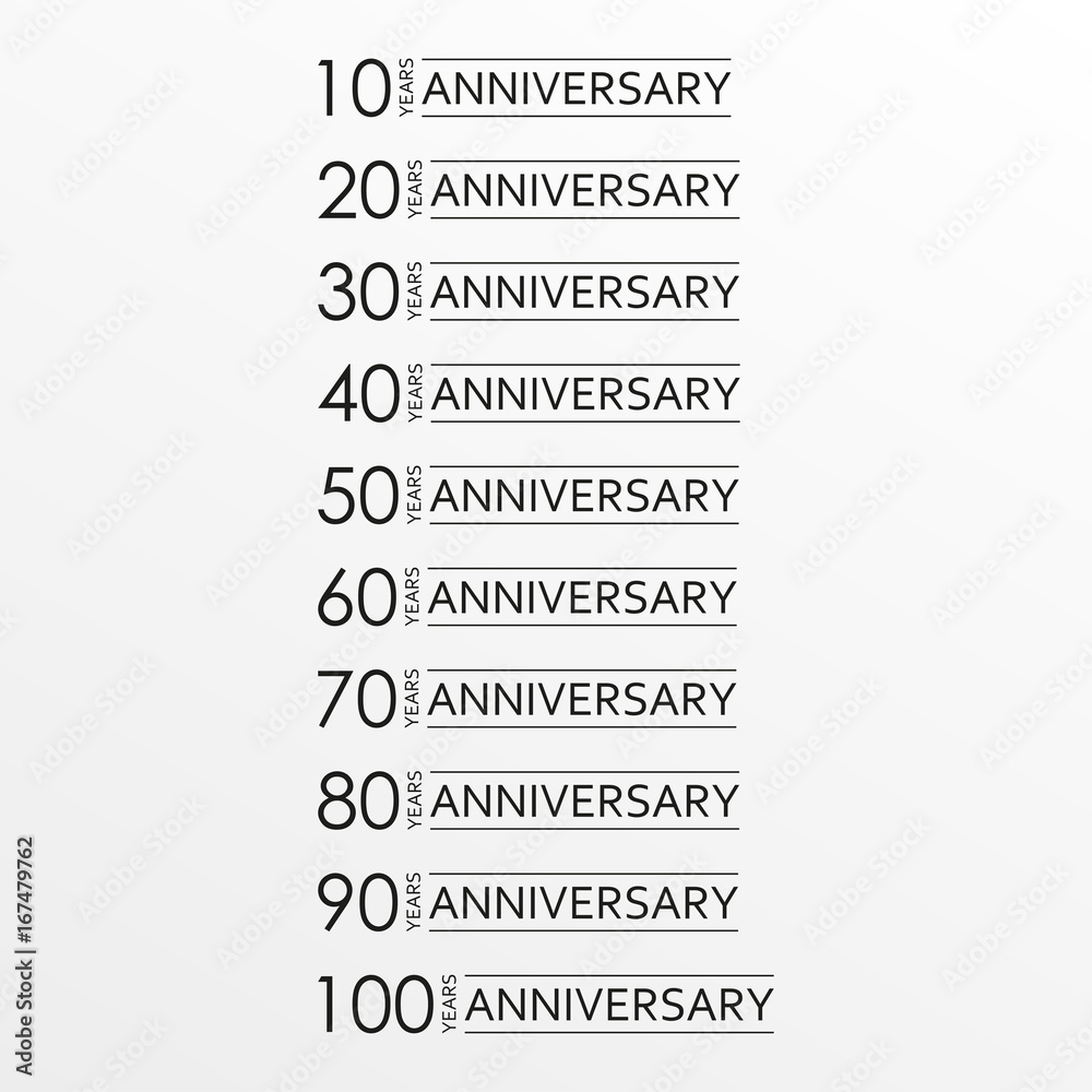 Anniversary icon or label set. 10,20,30,40,50,60,70,80,90,100 years celebration and ...