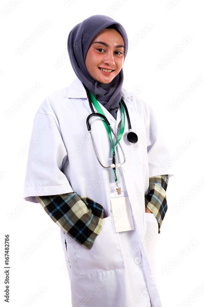 Confident of hijab female muslimah doctor with a stethoscope isolated ...